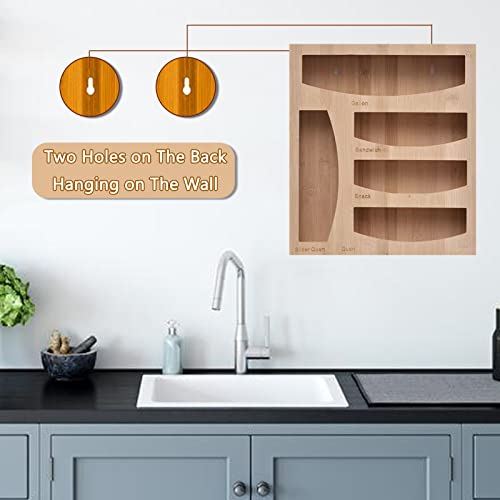 Sandwich Baggie Organizer, 5 Slots Ziplock Bag Storage Organizer, Bamboo Ziplock Bag Storage Organizer, for Kitchen Drawer & Wall Mount, Suitable for Gallon, Quart, Sandwich, and Snack Bags