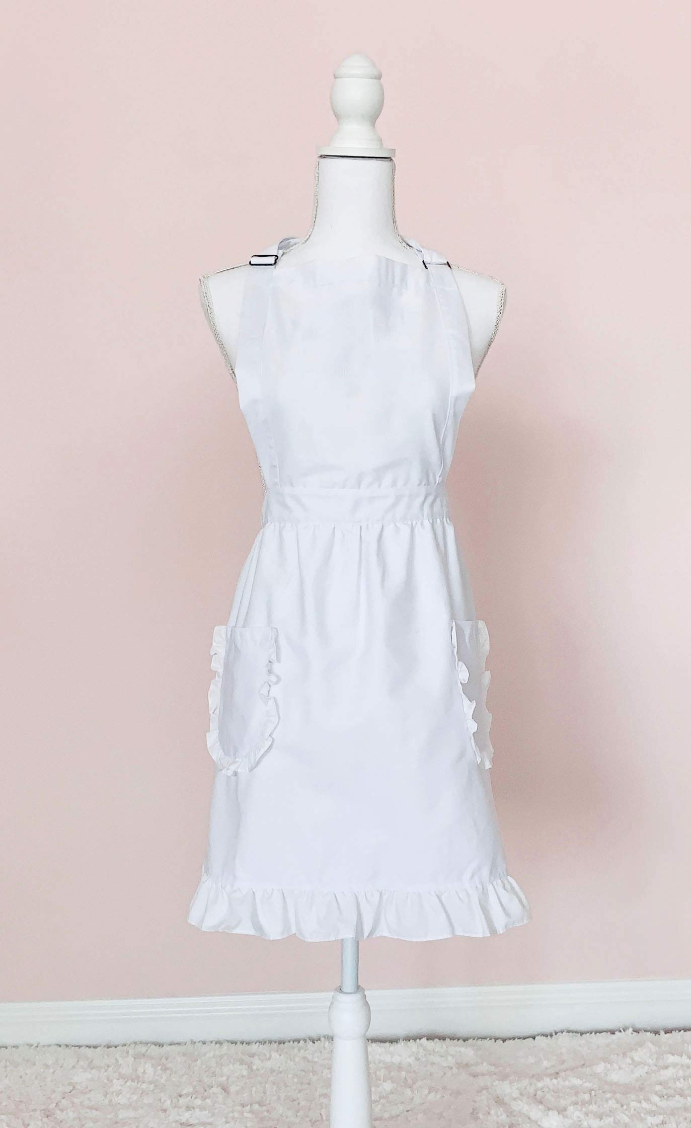 ModParty Apron for Women Ruffle Trim with Pockets Adjustable Straps Retro Kitchen Apron for Baking & Cooking (White)