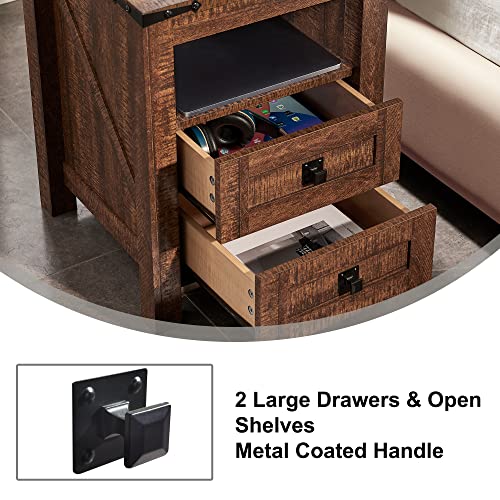 T4TREAM Nightstand wtih Charging Station, End Table, Side Table with 2 Drawers Storage Cabinet for Bedroom, Living Room, Farmhouse Design, Wood Rustic, Reclaimed Barnwood