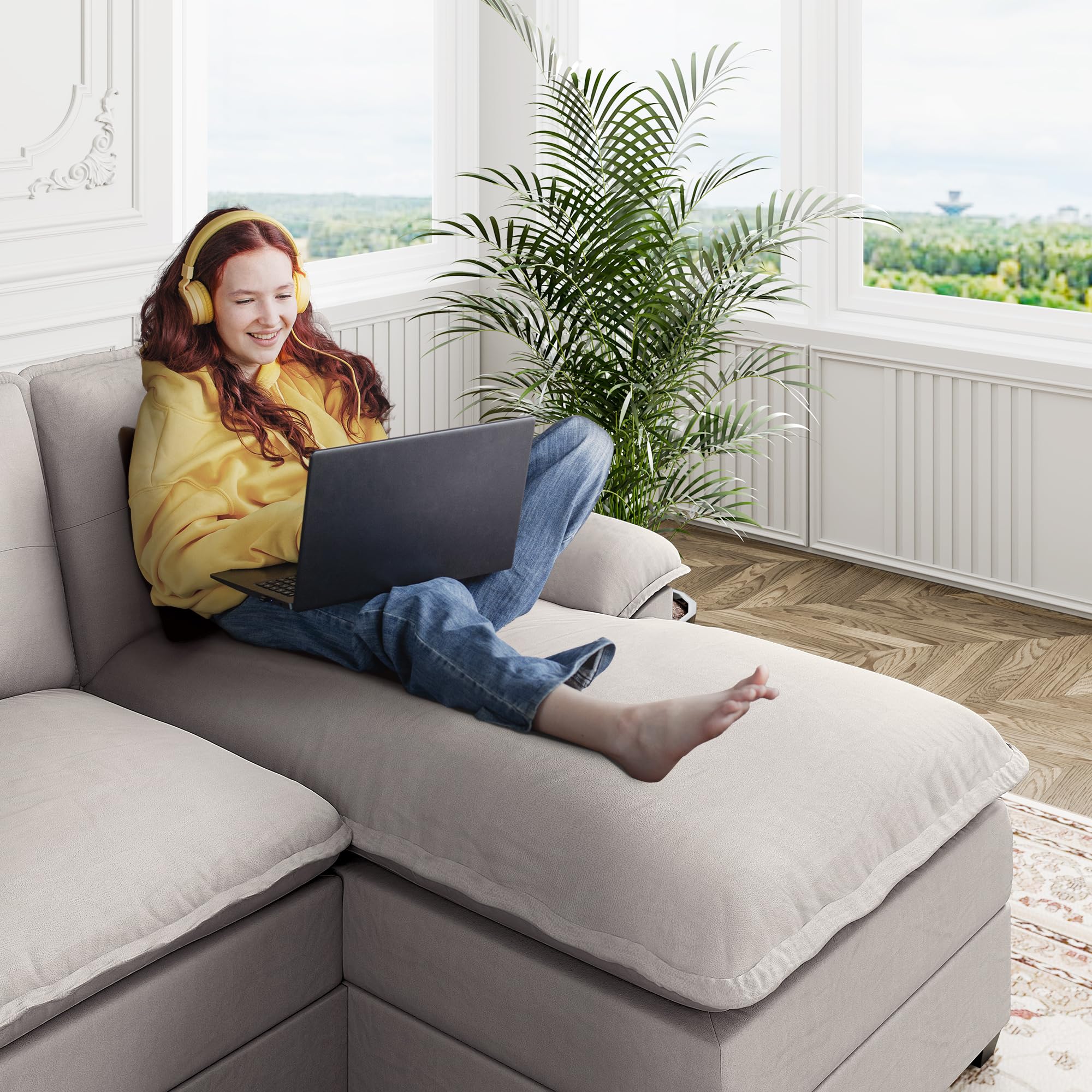 Shintenchi 110" Modular Sectional Couches for Living Room, U-Shaped Sofa Couch with Double Chaise, 4 Seat Sofa Sets with Thick Cushion & Soft Backrest, Creamy White