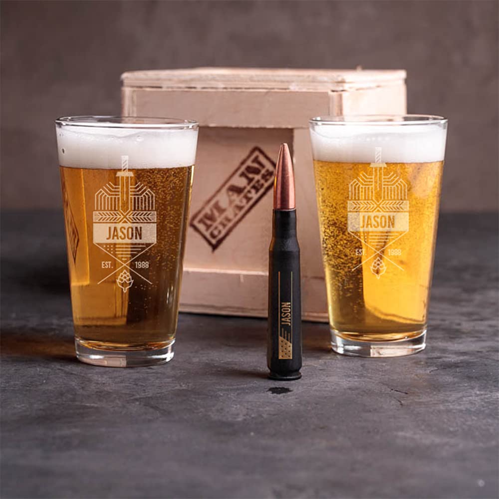 Man Crates, Big Shot Crate β Includes 2 Personalized Pint Glasses & .50 cal Bullet Bottle Opener β Great Gift for Men