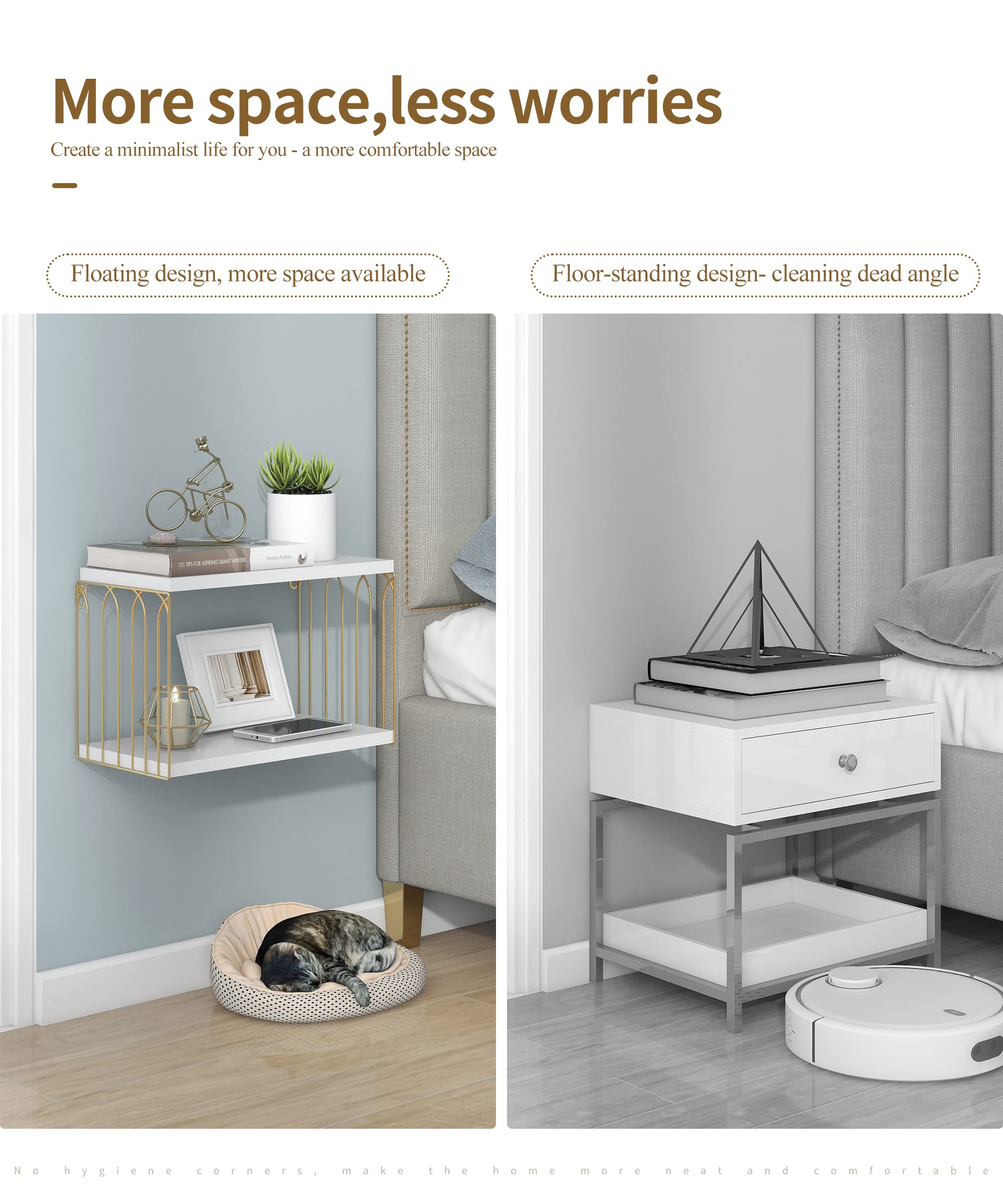 Sivapleso Floating Nightstand, White and Gold Small Wall Mounted Night Stands Modern Minimalism Hanging Bedside Table
