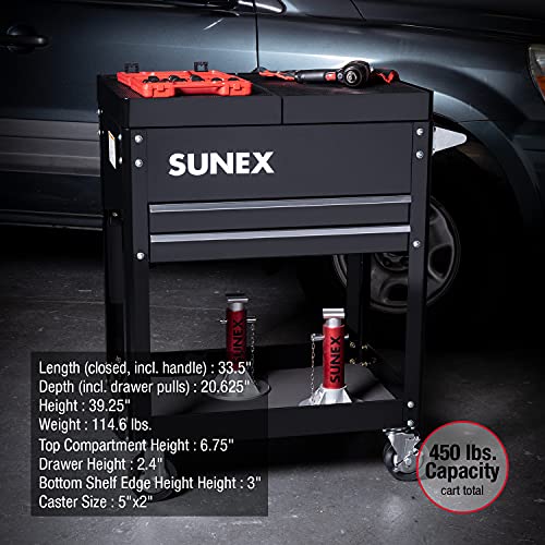 Sunex 8035 Black Compact Slide Utility Cart, Locking Slide Top, Swivel/Locking Casters, 18 Gauge Steel, Latching Drawers, 450-Pound Capacity