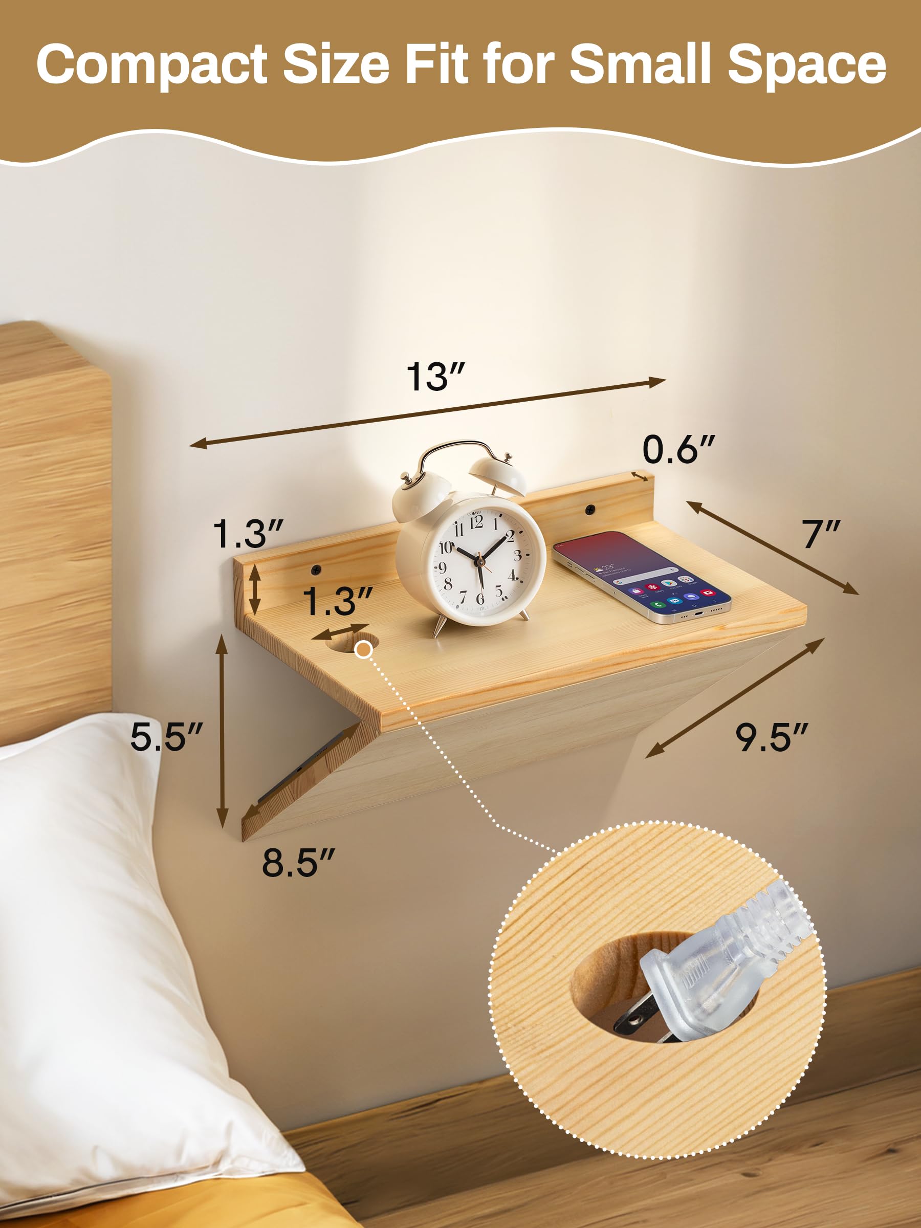 Sivapleso Floating Nightstand Set of 2, Natural Solid Wood Floating Bedside Tables Small Wall Mounted Nightstand Hanging for Bedroom