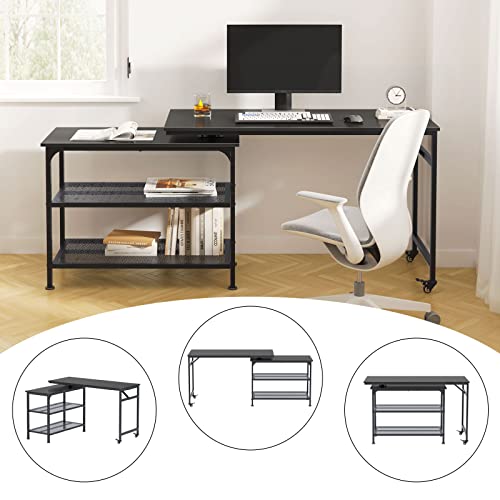 soges Reversible L Shaped Desk, 360° Free Rotating Corner Computer Desk, 47 inch L Desk with Storage Shelves for Home Office, Modern Study Writing Table Workstation, Black