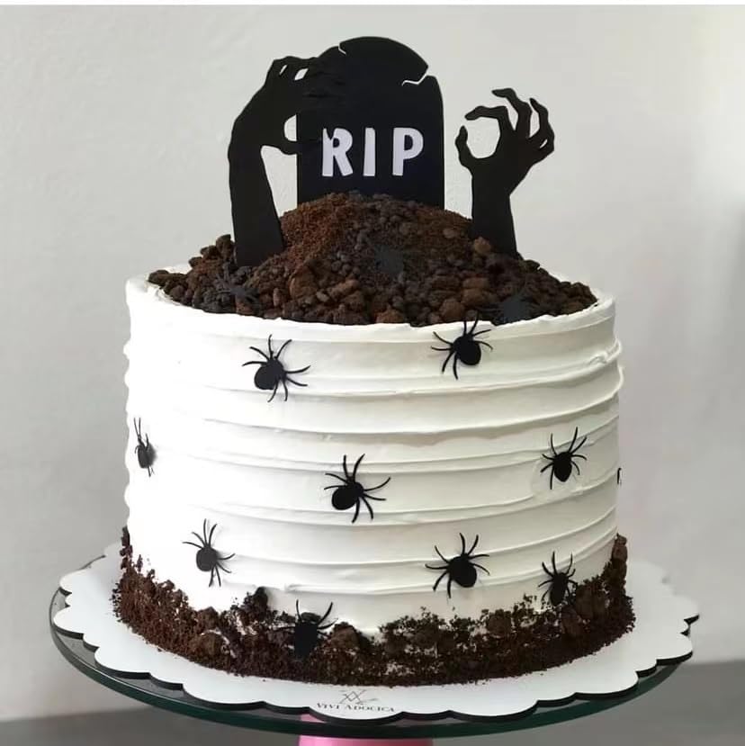 Halloween Cake Toppers Horror RIP Tombstone 3pcs Classic Black Ghost Hand Cake Toppers Halloween Cake For Creepy Theme DIY Birthday Wizard Spider Ghost Party Cake
