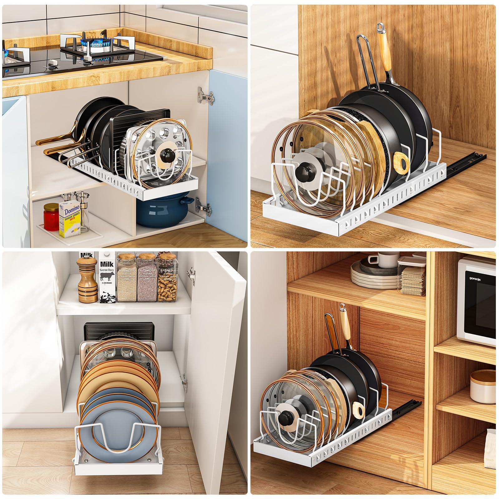 Pots and Pans Organizer Under Cabinet, 2 Pack Pull Out Cabinet Organizers for Kitchen, Pan Organizers Inside Cabinet and Storage with 8 Adjustable Dividers