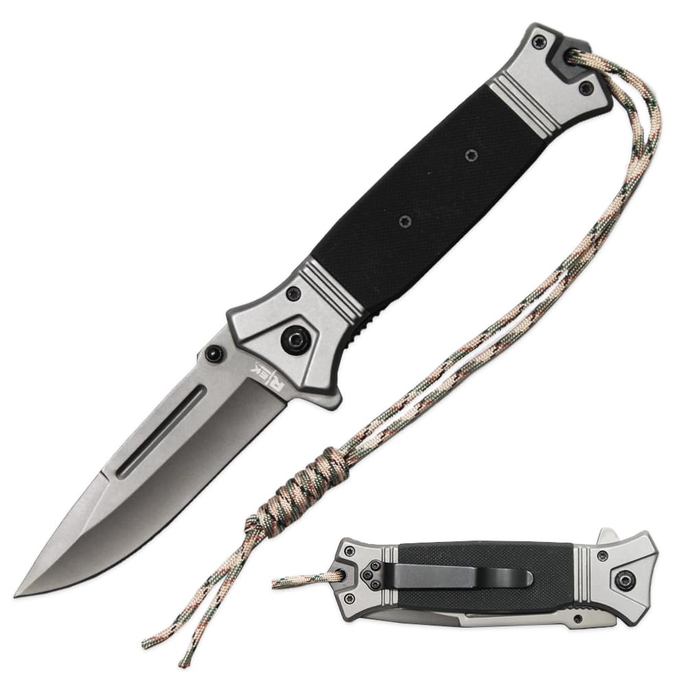 Rtek 5" G10 Handle Tactical Folding Pocket Knife with Liner Lock, Pocketclip, and Paracord (Black)