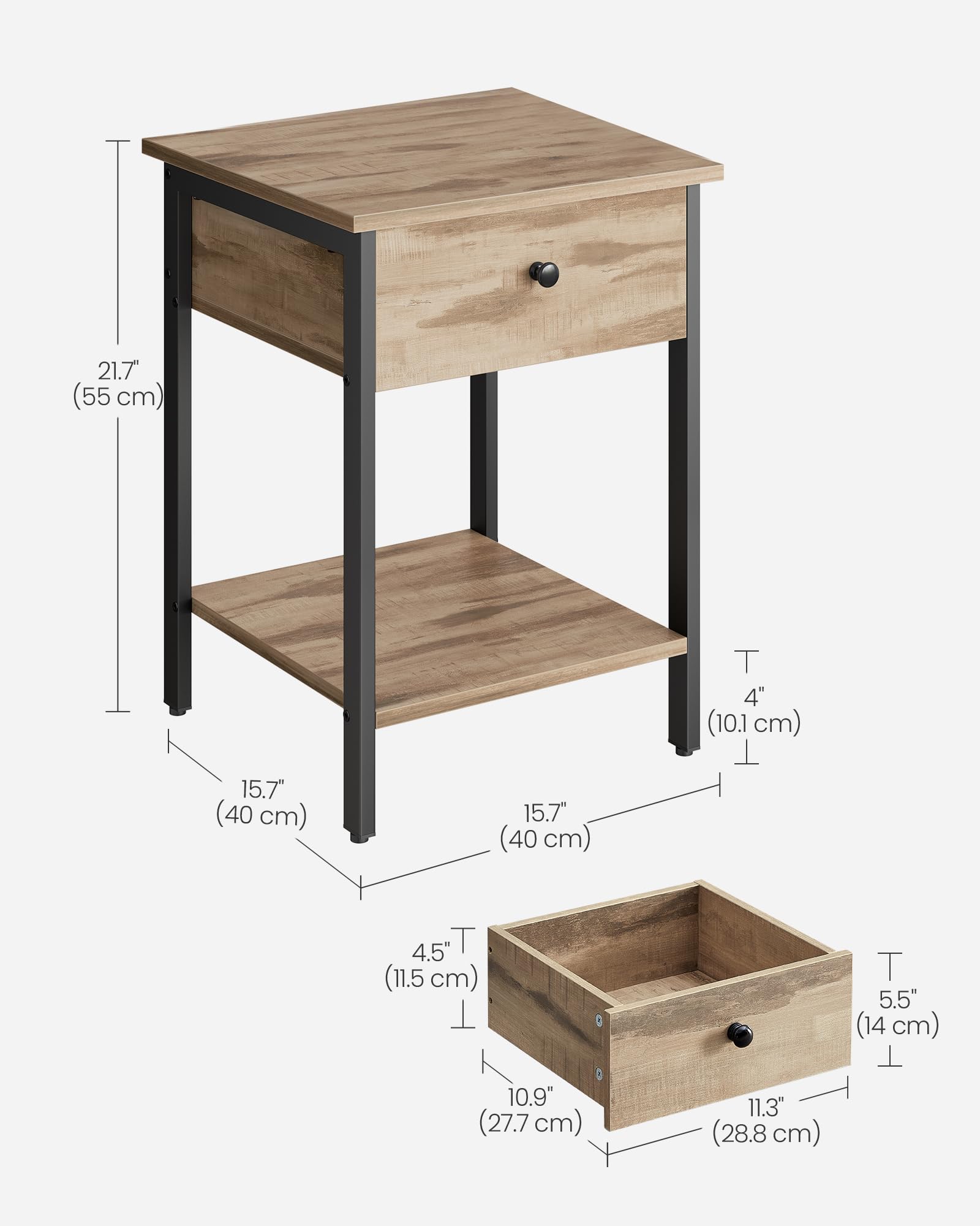 VASAGLE Nightstand, Bedside Table with Drawer, Side Table, End Table, for Bedroom, Office, Industrial, Camel Brown and Black ULET055B50