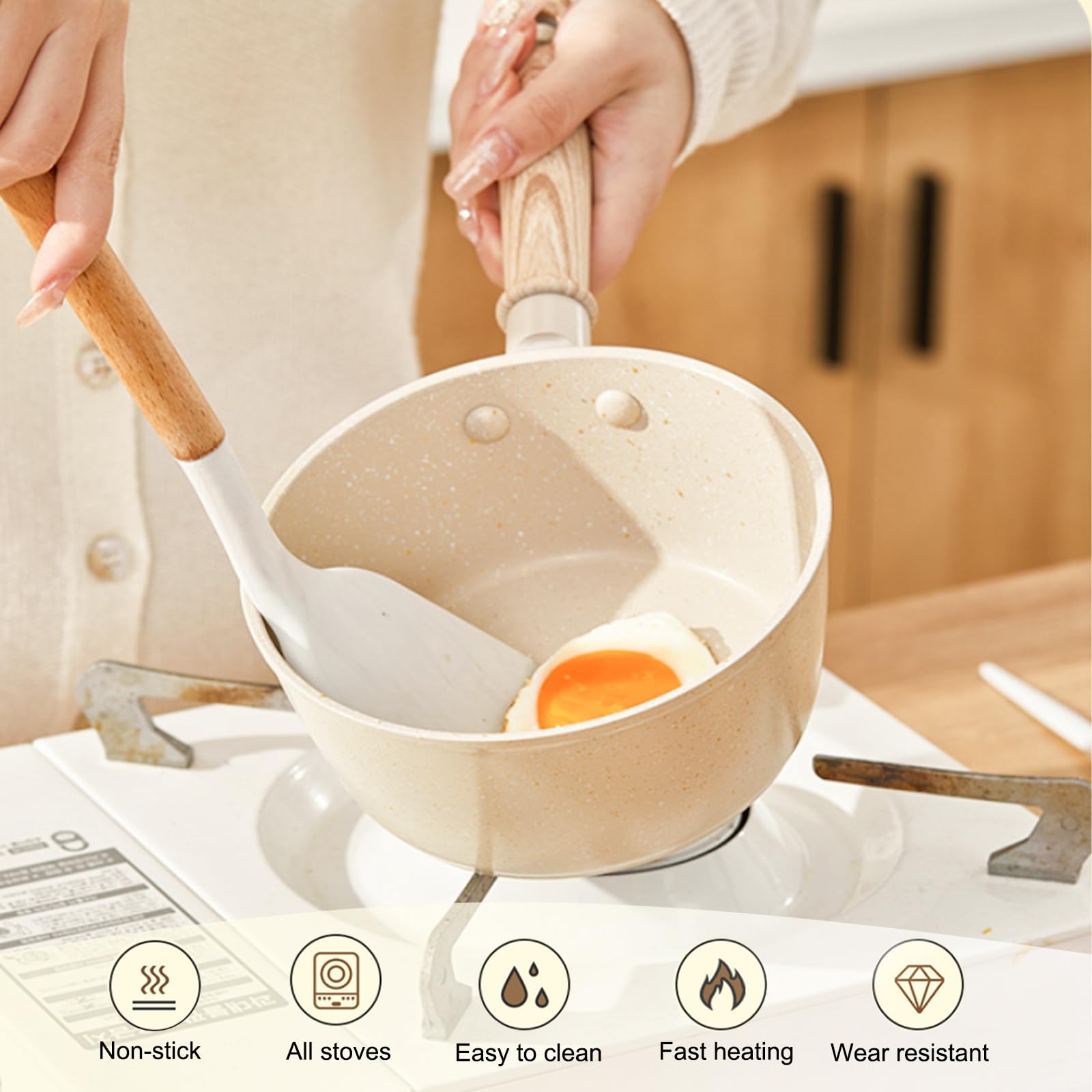 Sauce Pan With Lid, 1 Quart White Small Pots for Cooking with Nonstick Coating, Sauce Pot With Lid, Wooden Handle, PFOA Free, Suitable for Gas, Induction, Electric,Ceramic Stove (1 Quart)