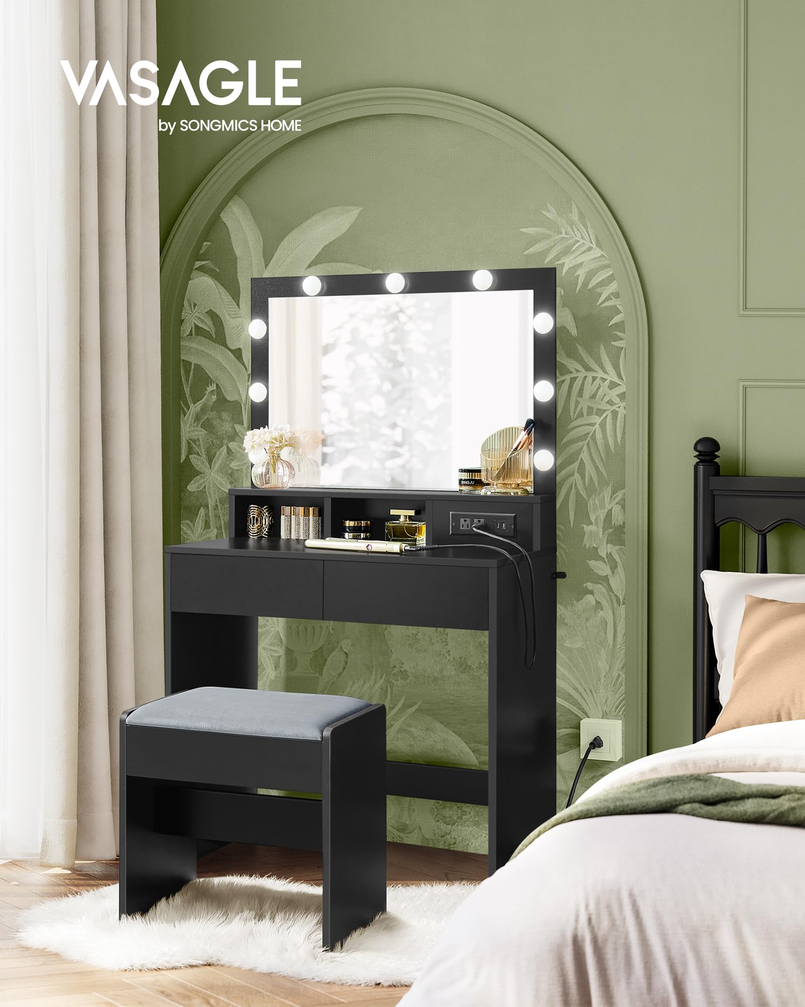 VASAGLE Vanity Desk with Power Outlets, Makeup Vanity with Mirror and Lights, with Upholstered Vanity Stool, 9 Dimmable LED Lights, 2 Compartments, 2 Drawers, for Bedroom, Ink Black URDT029B01