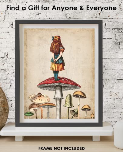 Whimsical Alice Atop Mushrooms Wall Art Print - 11x14 Unframed Picture For Home, Office, Classroom, Dorm, Living Room & Bedroom Decor - Creative Gift Idea For Alice Fans