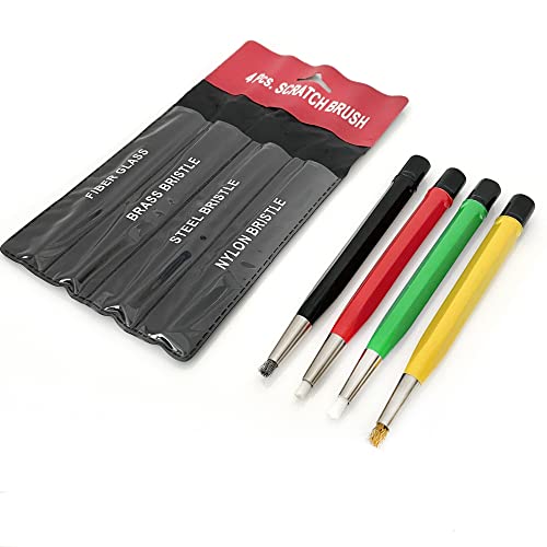 Pixiss Scratch Brush Pen Set with Replacement Tips, Fiberglass, Steel, Brass, Nylon, 5-inches Pen Style Prep Sanding Brush 4-Pack for Corrosion, Rust, Jewelry, Circuit Boards and Auto Body Work