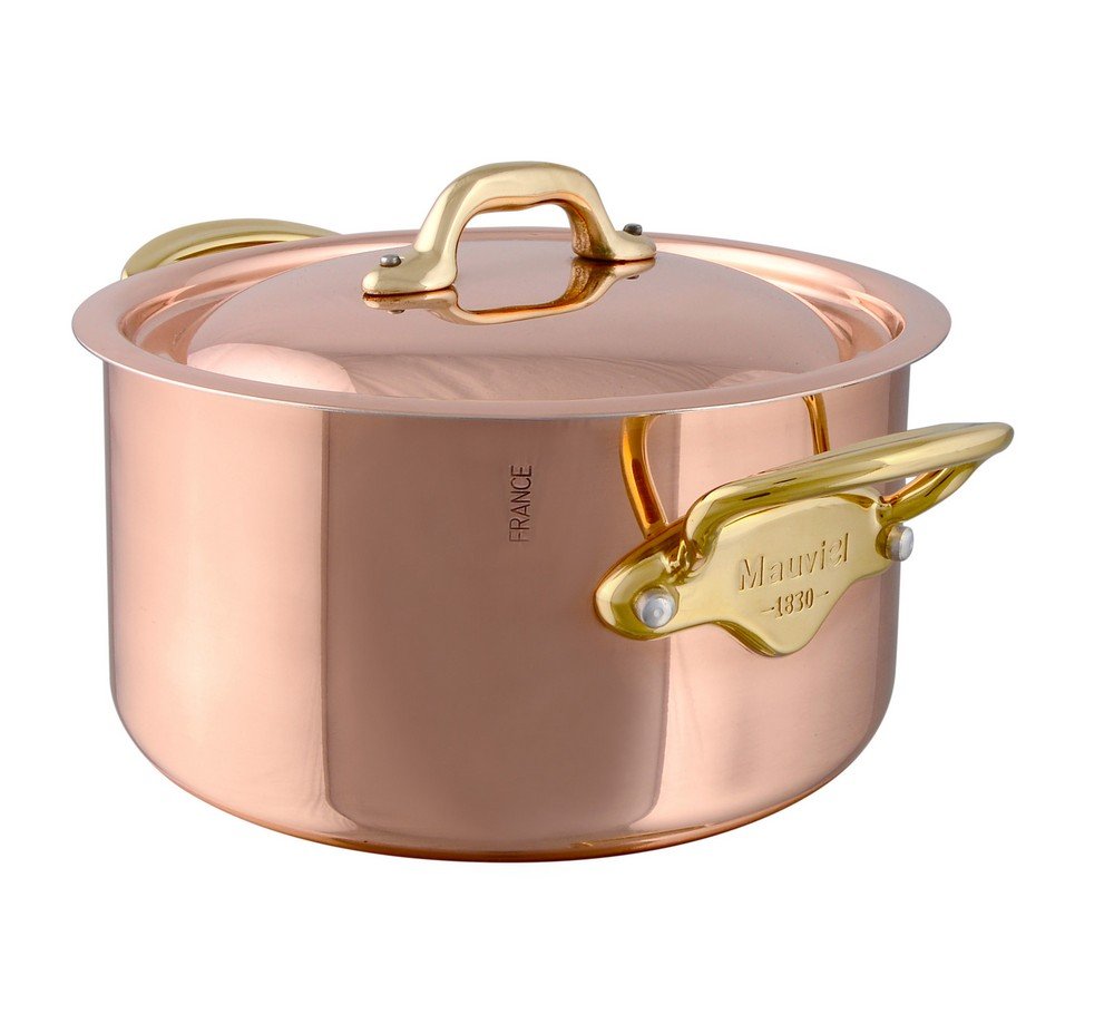 Mauviel M'150 B 1.5mm Polished Copper & Stainless Steel Stewpan With Lid, And Brass Handles, 0.9-qt, Made in France