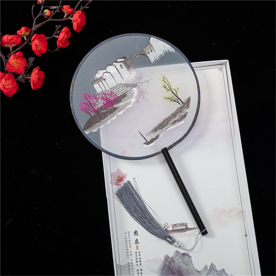Lmtossey Vintage Round Fan Long Handle Tassel Dancing Hanfu Circular Fan Ancient Chinese Style Classical Printed Court Round Fan Wedding