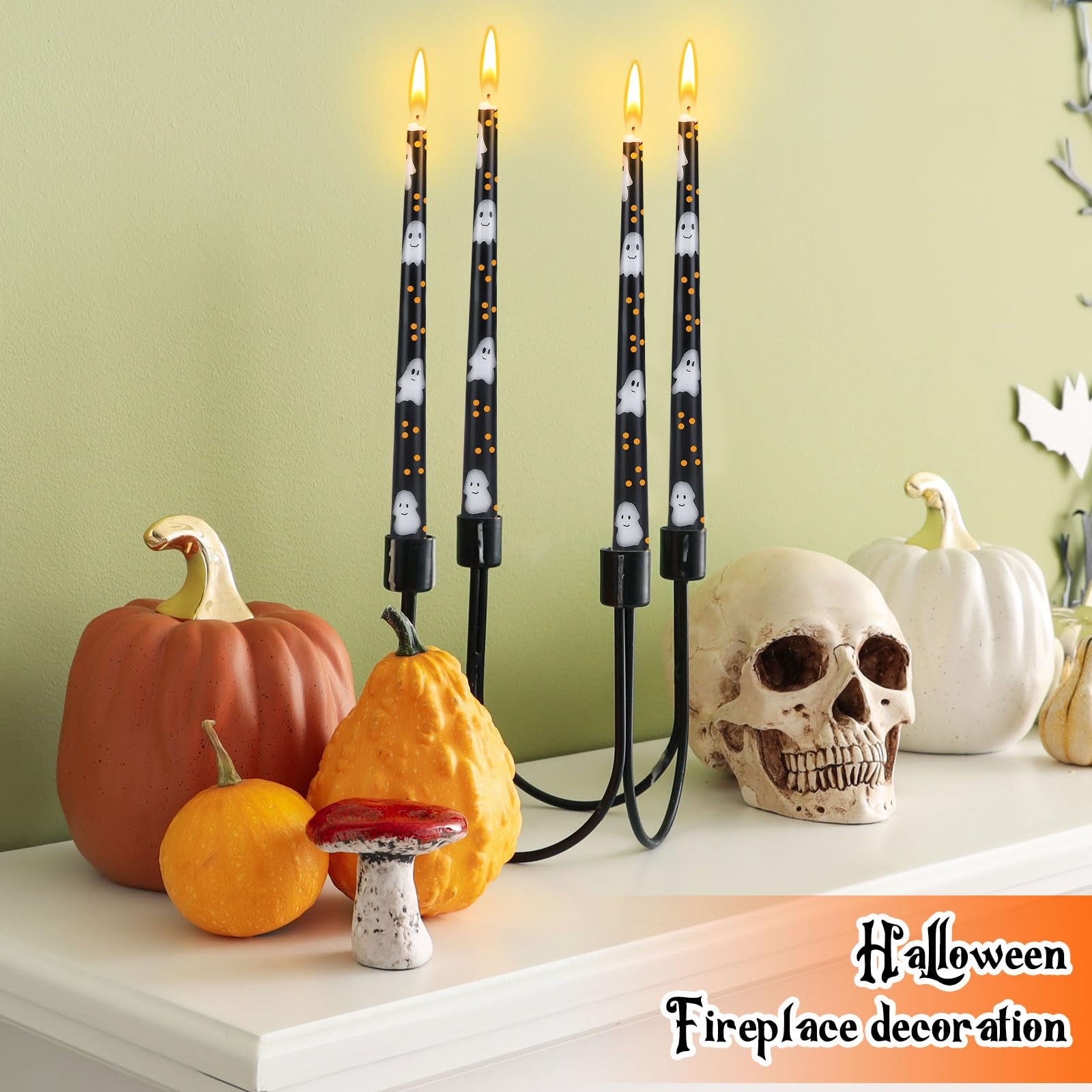 Threlaco 6 Pcs 9.8" Black Halloween Taper Candles Ghost Candles Unscented Taper Candles Ghost Halloween Decor for Halloween Dinner Table Party Gift Home Decorations