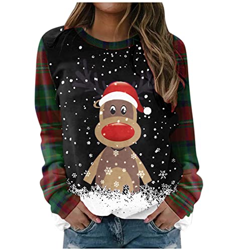Shirt For Women Trendy Christmas Print Pullover Long Sleeve Sweatshirts Relaxed Fit Workout Tops Christmas Tops Black