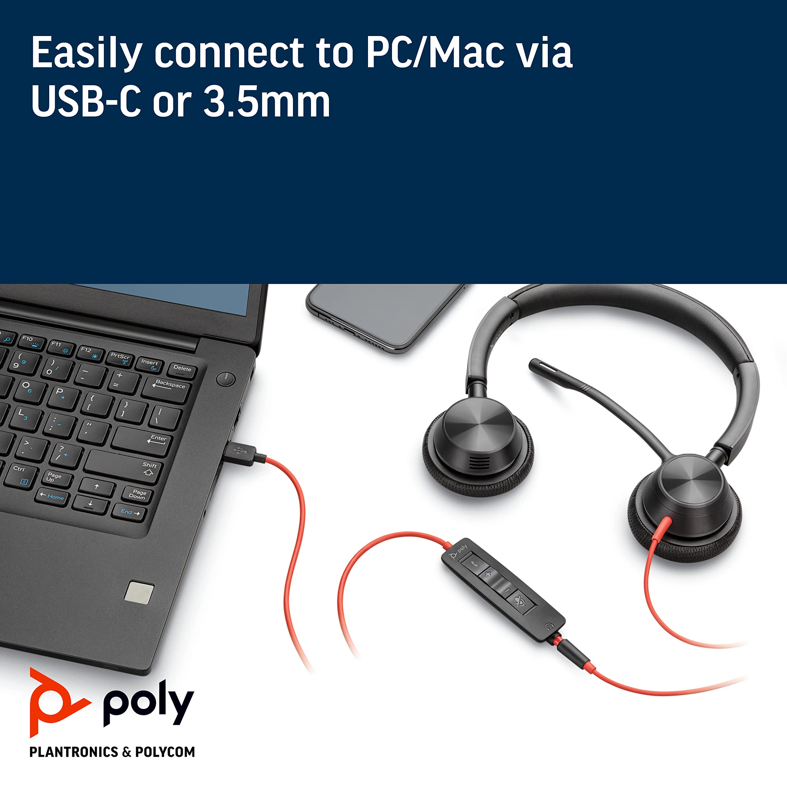 Plantronics - Blackwire 3325 Wired Stereo USB-C Headset with Boom Mic (Poly) - Connect to PC/Mac via USB-C or Mobile/Tablet via 3.5 mm Connector - Works with Teams, Zoom & More