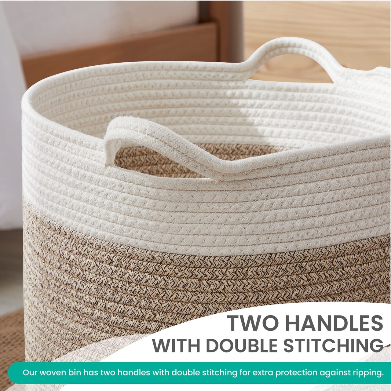 Organizix Large Cotton Rope Laundry Hamper Woven Basket with Handles, Storage Basket for Toys, Blanket, Throws, Pillows and Towels - 18 x 16, White/Beige
