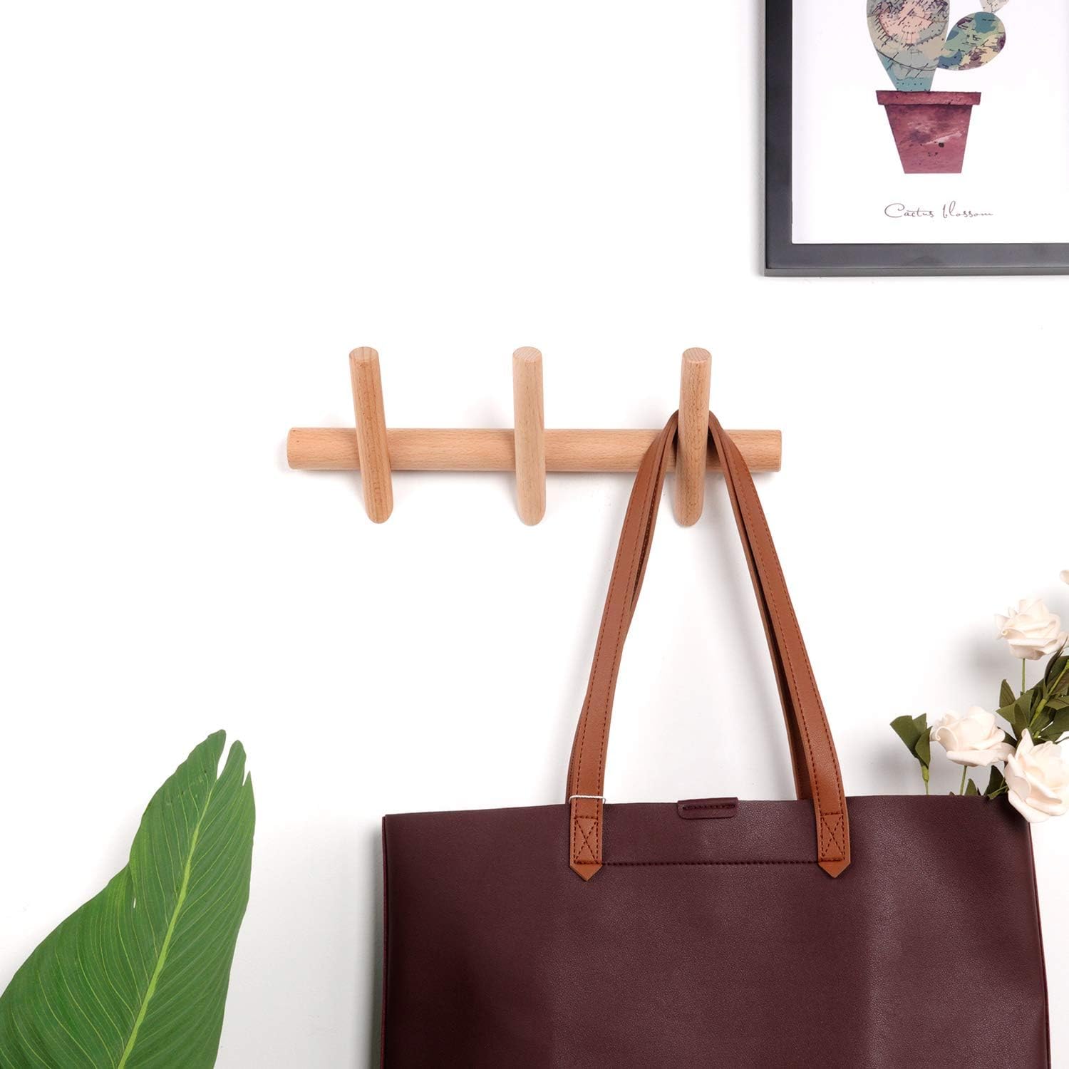 YOYAI Wood Coat Hooks Wall Mounted Hat Rack Tower Hanger Wall Hooks Decorative Hanger with Pegs Entryway Bedroom Bathroom(Beech Wood,3 Hooks)