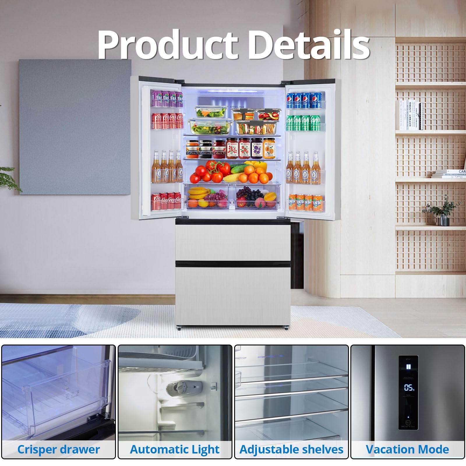 Towallmark French Door Refrigerator, 18.8Cu.Ft Refrigerator, 4 Door Full Size Counter Depth Stainless Steel Refrigerators, Digital Temperature Controls Kitchen Fridge, Auto Defrost