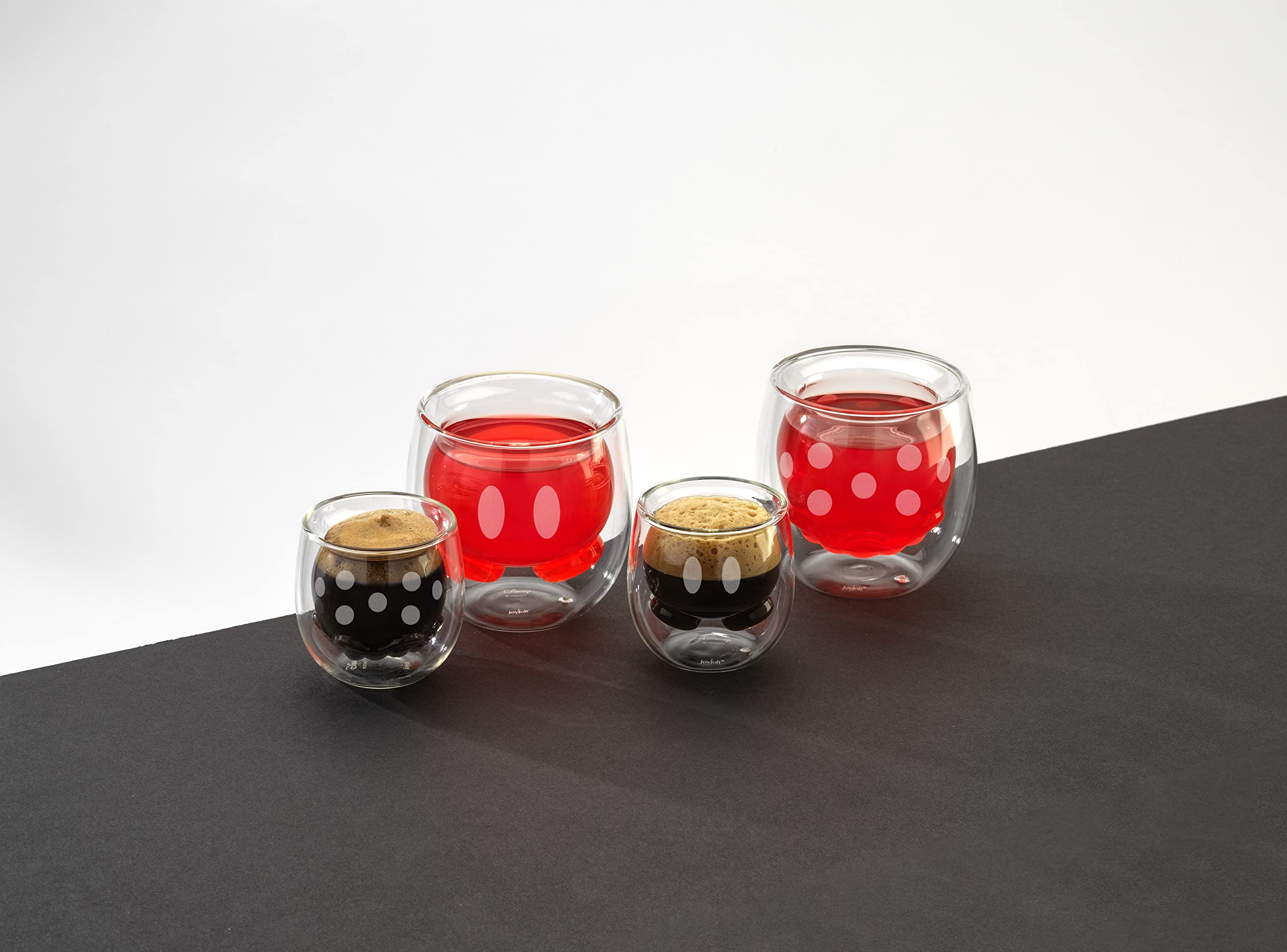 JoyJolt Mickey Pants and Minnie Skirt 3D 2oz Espresso Cups. Double Walled Espresso Glasses (2pc) Small Double Wall Glass Coffee Cups. Demitasse Cups, Espresso Measuring Cup or Liqueur Shot Glasses