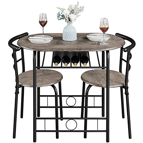 Yaheetech 3 Piece Round Dining Table Set Kitchen Breakfast Table Set for 2 Dining Table with 2 Chairs Space Saving Table Set w/Metal Frame, Wine Rack for Small Space/Apartment, Drift Brown