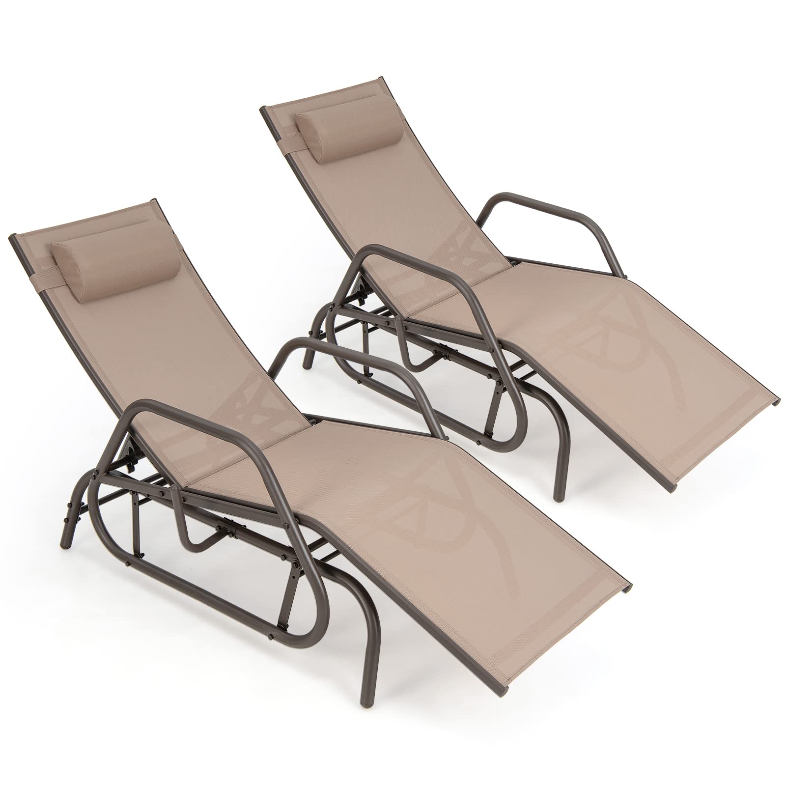 Tangkula Outdoor Glider Recliner Chair, Adjustable Backrest Patio Gliding Lounger Chair with Armrests and Pillow, Outdoor Swinging Rocking Chair w/Breathable Fabric for Poolside, Backyard (2, Brown)