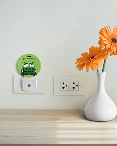 St.Patrick Day Gnomes Truck Night Lights Plug into Wall, Buffalo Plaid Green Shamrocks Auto Round LED Lights with Dusk to Dawn Sensor for Bedroom, Bathroom, Hallway, Kitchen, Kids, Home Decor