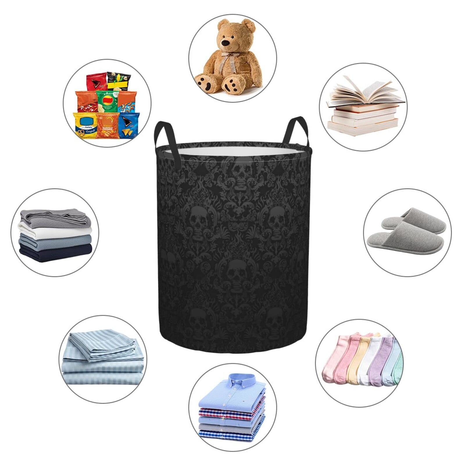 Waterproof Goth Gothic Black Skull Damask Circular Hamper Round Laundry Baskets Foldable Laundry Bags For Family/Kids/Bathroom/Bedroom/Dorm Medium