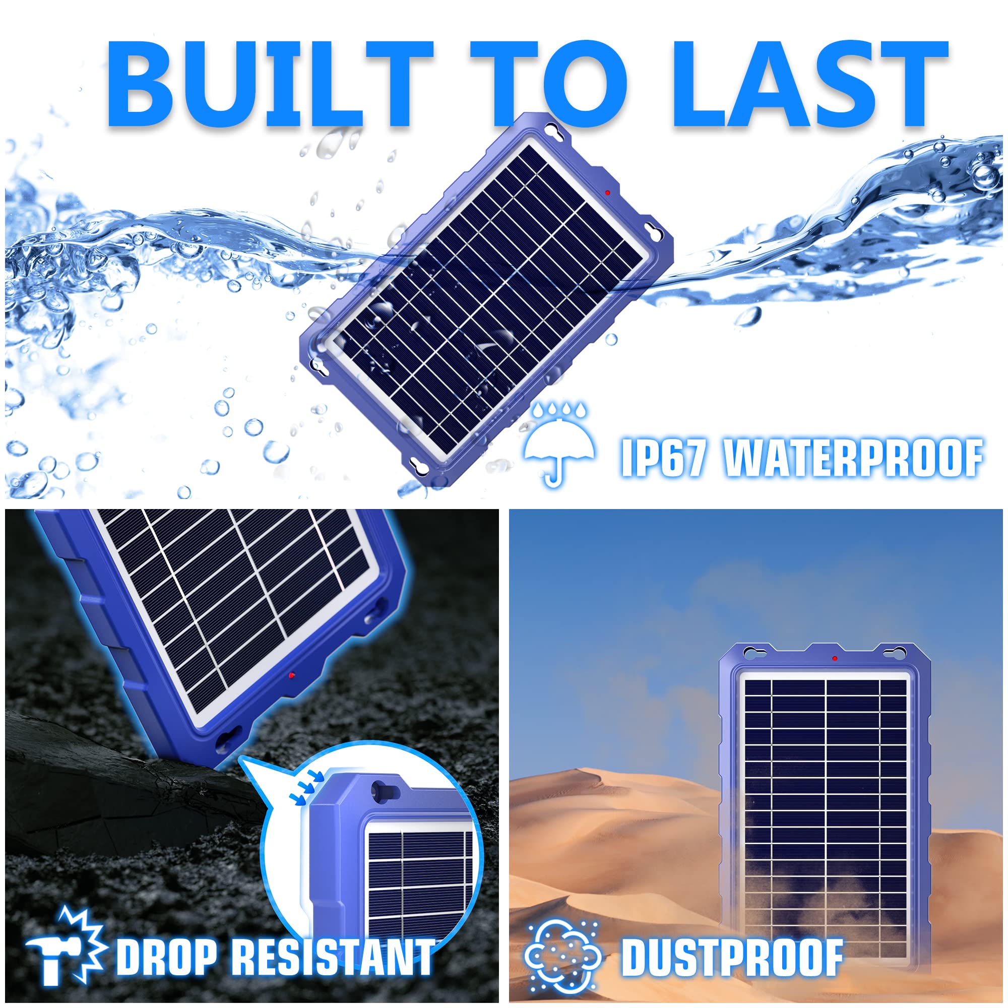 POWOXI 10W 12V Solar Battery Charger& Maintainer,Waterproof Solar Panel Trickle Charger with Cigarette Lighter & Alligator Clips for Car, RV, Boat, Motor, Lawn Mower(Blue)