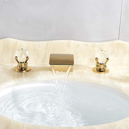 NeierThodore LED Widespread Bathroom Faucet Waterfall Gold Polished Lavatory Faucets Basin Mixer Tap 2 Crystal Knobs 3 Holes