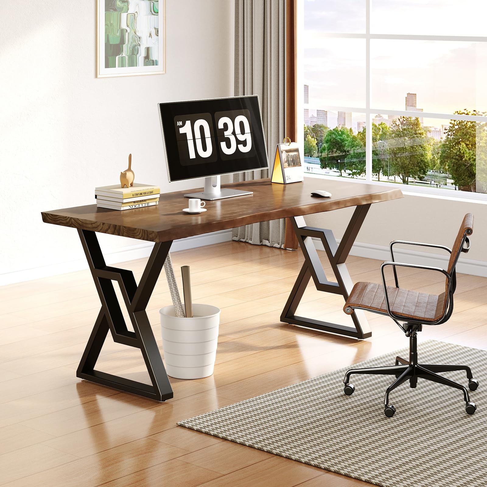 Sihtengxxhongs Rustic Brown 55-inch Solid Wood Computer Desk - Modern Gaming Workbench for Home Office, Modern Simple Design, Ideal for Study, Writing, Dining