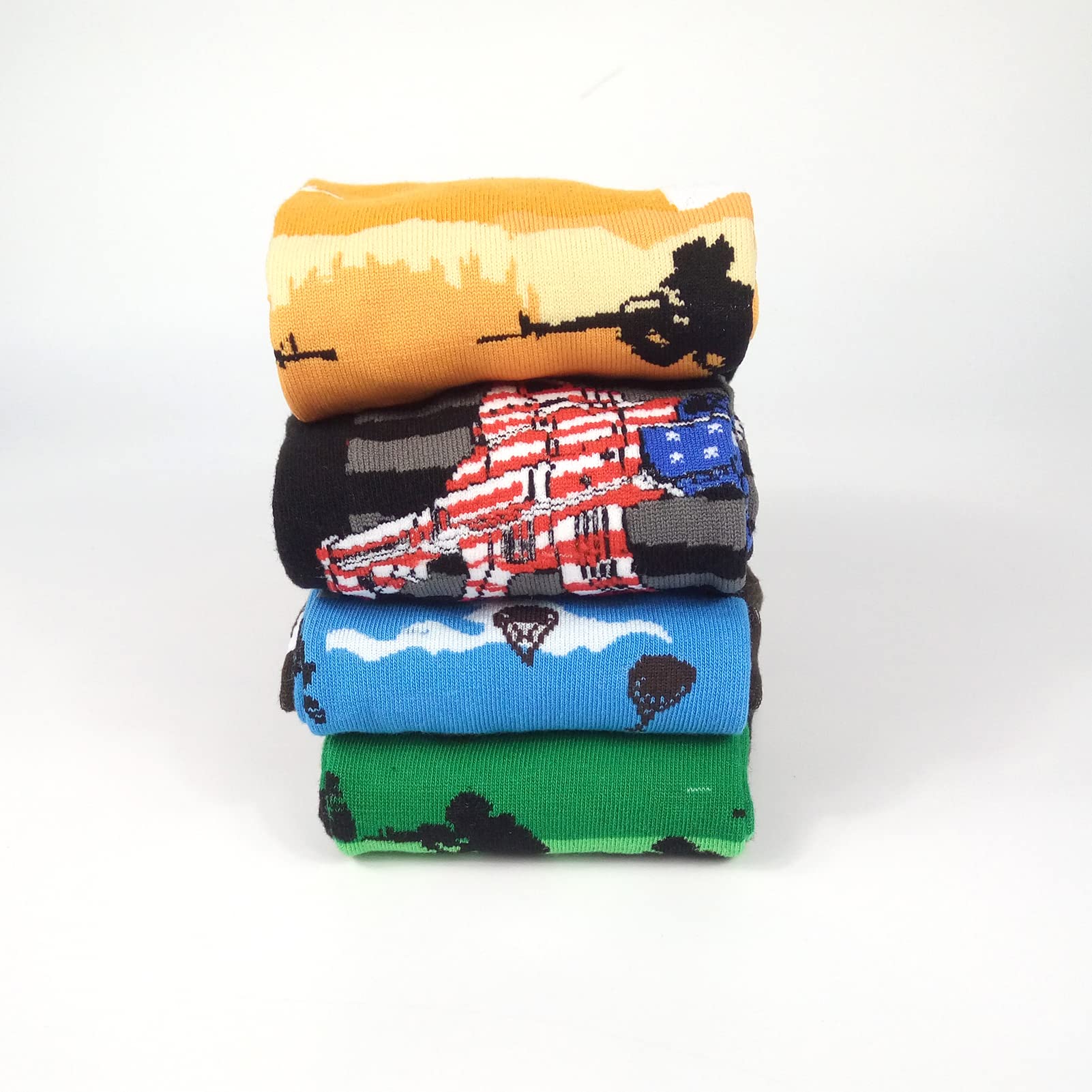 HSELL Mens Fun Patterned Dress Socks Funny Novelty Crazy Design Cotton Socks Gift for Men (4 Pairs - Car)