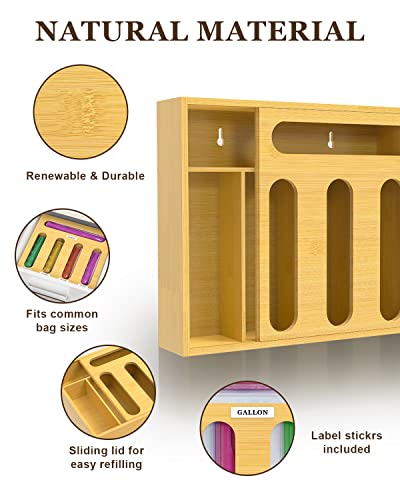 VenDotbi Bag Storage Organizer, Bamboo baggie organizer with Slider, Suitable for Kitchens and Countertop to Storage Gallon, Quart, Sandwich & Snack Bags and other Size Bag Organizer-Natural