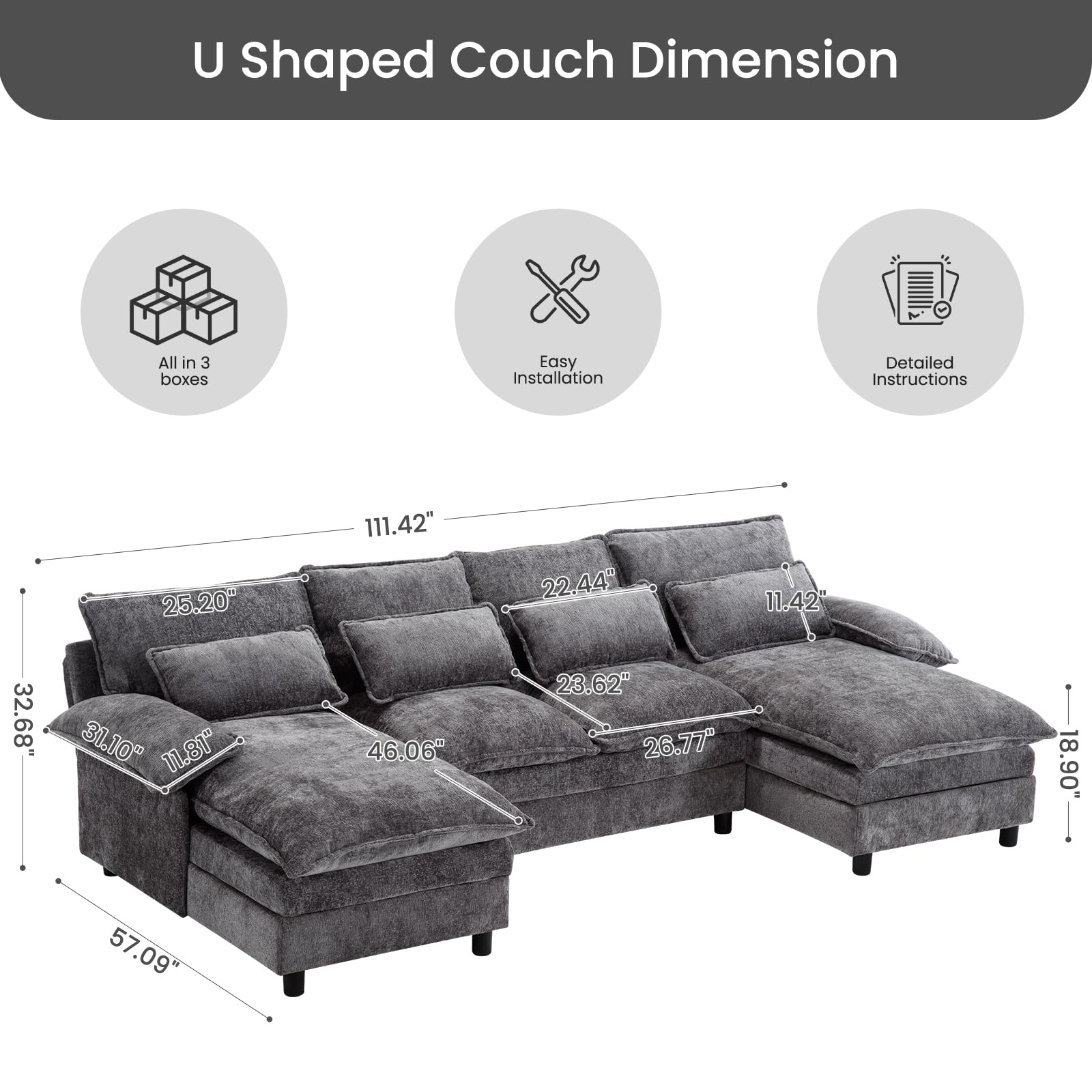 Siiejia U Shape Cloud Couch, 4 Seats Comfy Sectional Sofa Couches for Living Room, Modular Chenille Sofas with Double Reversible Chaise for Spacious Space Apartment, Grey
