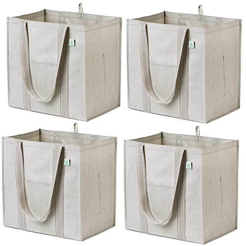 VENO 4 Pack Reusable Grocery Shopping Bag w/bottle holder, Hard bottom, Foldable, Multipurpose Heavy Duty Tote, Daily Utility bag, Stands Upright, Sustainable (Set of 4, Beige)