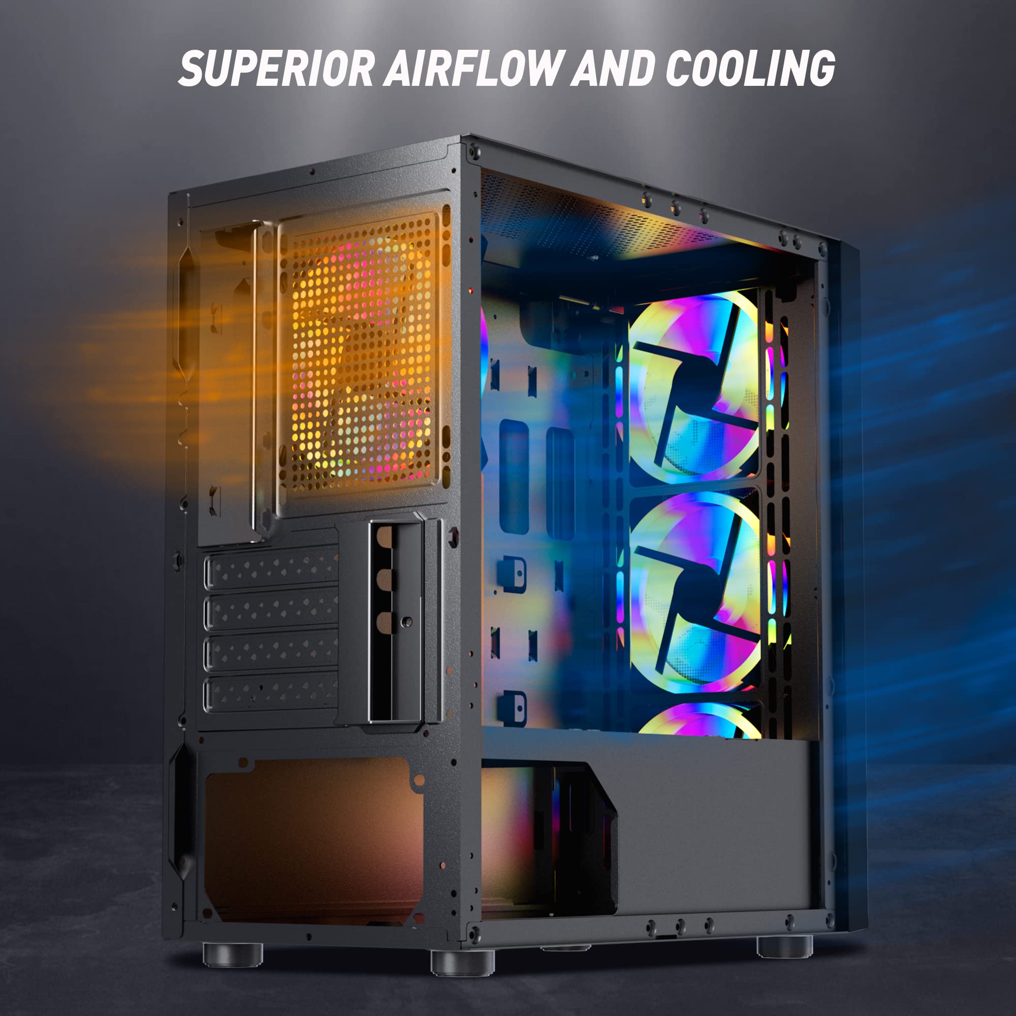 RHIROTEC MATX Micro ATX Case Gaming PC Case, Computer Case Pre-Installed 4 x RGB Rainbow Fan Tempered Glass Side Panel & Hollow Out Front Panel Ventilated Airflow with Magnetic Design Dust Filter
