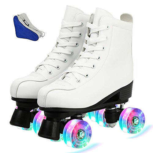 Women's Roller Skates PU Leather High-top Roller Skates Four-Wheel Roller Skates Double Row Shiny Roller Skates for Indoor Outdoor (White Flash,43-US: 10)