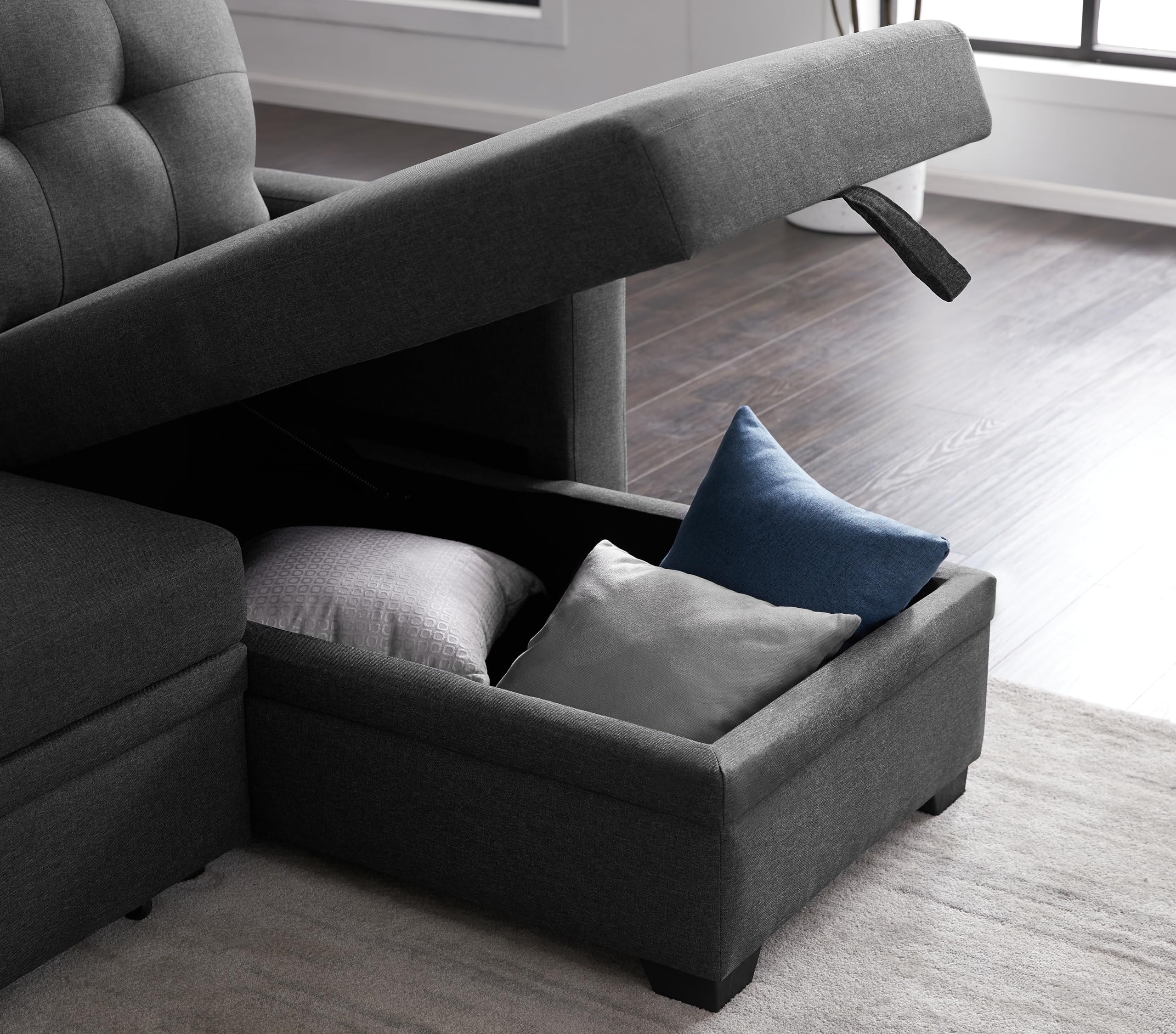 TABBC Sectional Sofa with Tufted Seat & Back Cushion,Solid Wood Frame Dsign, Linen Reversible Sleeper w/Storage Chaise and Pull-Out Sleeper for Home, Small Space Apartment