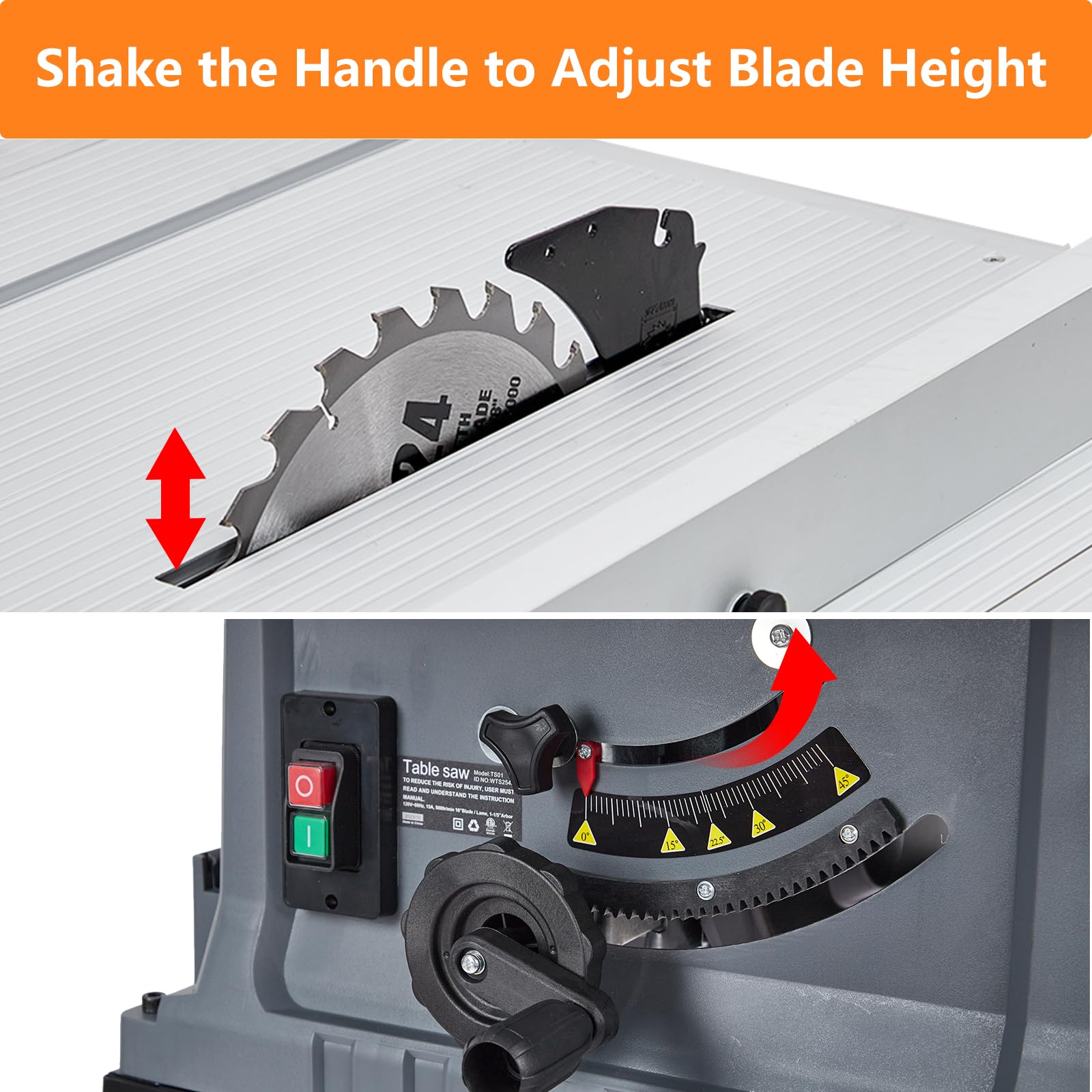 Table Saw, 10 Inch 15A Multifunctional Saw with Stand & Push Stick, 90° Cross Cut & 0-45° Bevel Cut, 5000RPM, Adjustable Blade Height for Woodworking, Grey