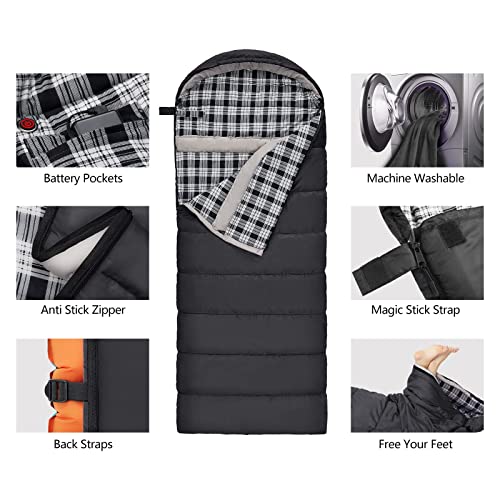 KINGS TREK Sleeping Bag Heated with Battery Pack & Compression Bag, Waterproof Lightweight Sleeping Bag for Camping, Backpacking, Hiking (Black)