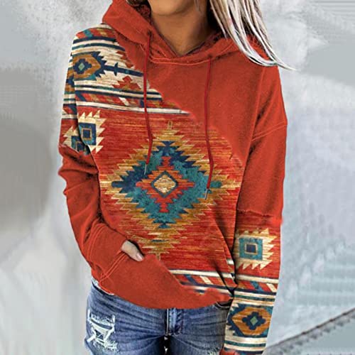Women's Western Ethnic Style Print Aztec Sweatshirt Long-Sleeved Hoodie Pullover, Cowgirl Rhombus Printed Hooded top, Red, X-Large
