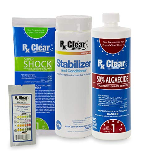 Rx Clear Spring Start-Up Kit | Chemicals for Opening Swimming Pools | Above or Inground | for Pools Up to 7,500 Gallons | Includes Shock, Algaecide, Stabilizer/Conditioner and Test Strips