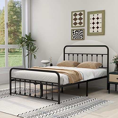 NNV Platform Full Size Metal Bed Frame with Vintage Headboard and Footboard, Heavy Duty Bed Frame with Large Storage, No Box Spring Needed, Easy Assembly, Black
