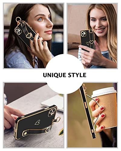 Telaso iPhone 11 Love Heart Case - Cute Wristband Kickstand & Soft TPU Bumper for Girls & Women - Black