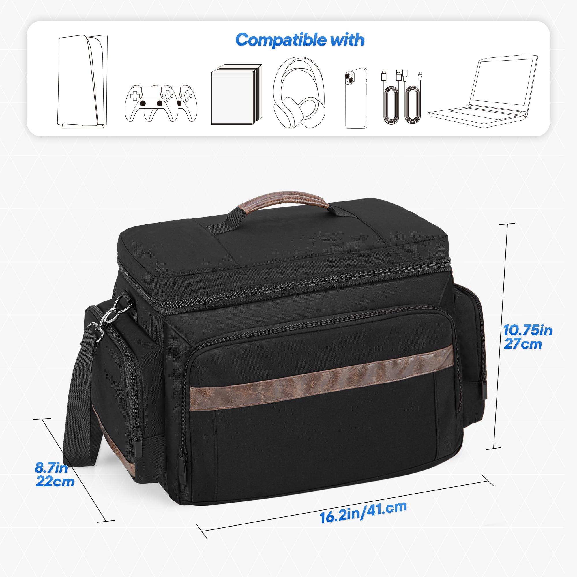 LoDrid Travel Carry Case Compatible with PS5 for Console and 15.6" Laptop, Protective Gaming Bag with Handle and Shoulder Strap, Black