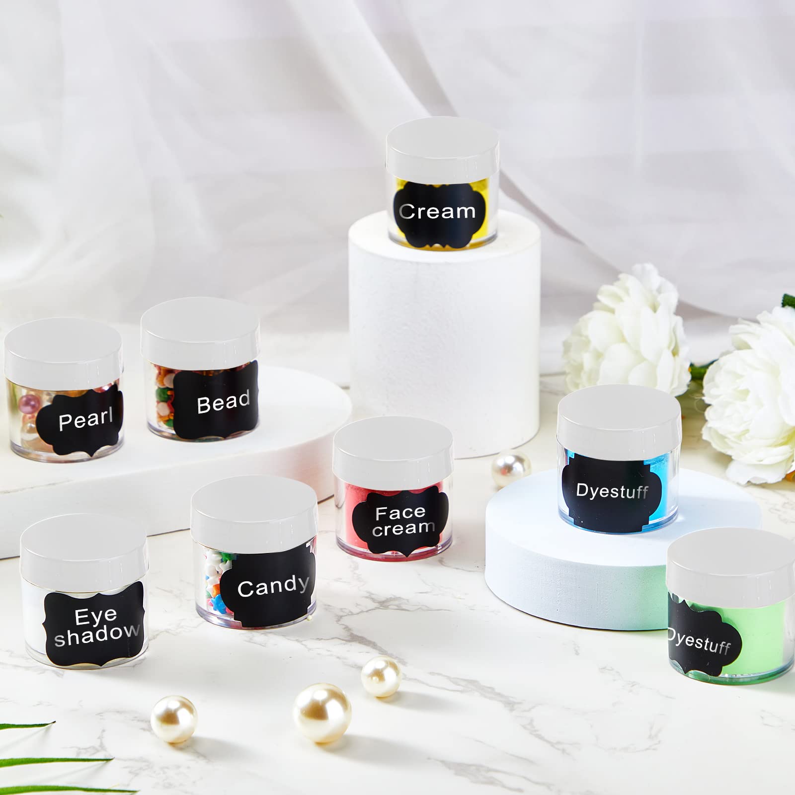 Potchen 100 Set Plastic Jars Makeup Travel Makeup Container with Lids Storage Containers for Creams Toiletries Small Containers with Lids Chalkboard Label Stickers Marker (White, 1 Oz)