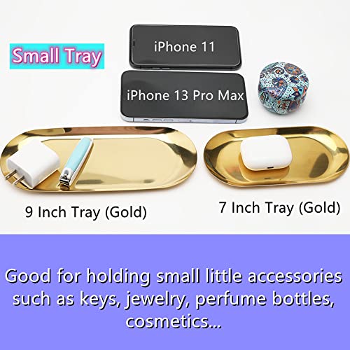 Stainless Steel Decorative Tray, Set of 2, 9 Inch Long, Jewelry Dish Cosmetics Organizer Bathroom Clutter Serving Platter Small Storage Tray, Oval, Gold