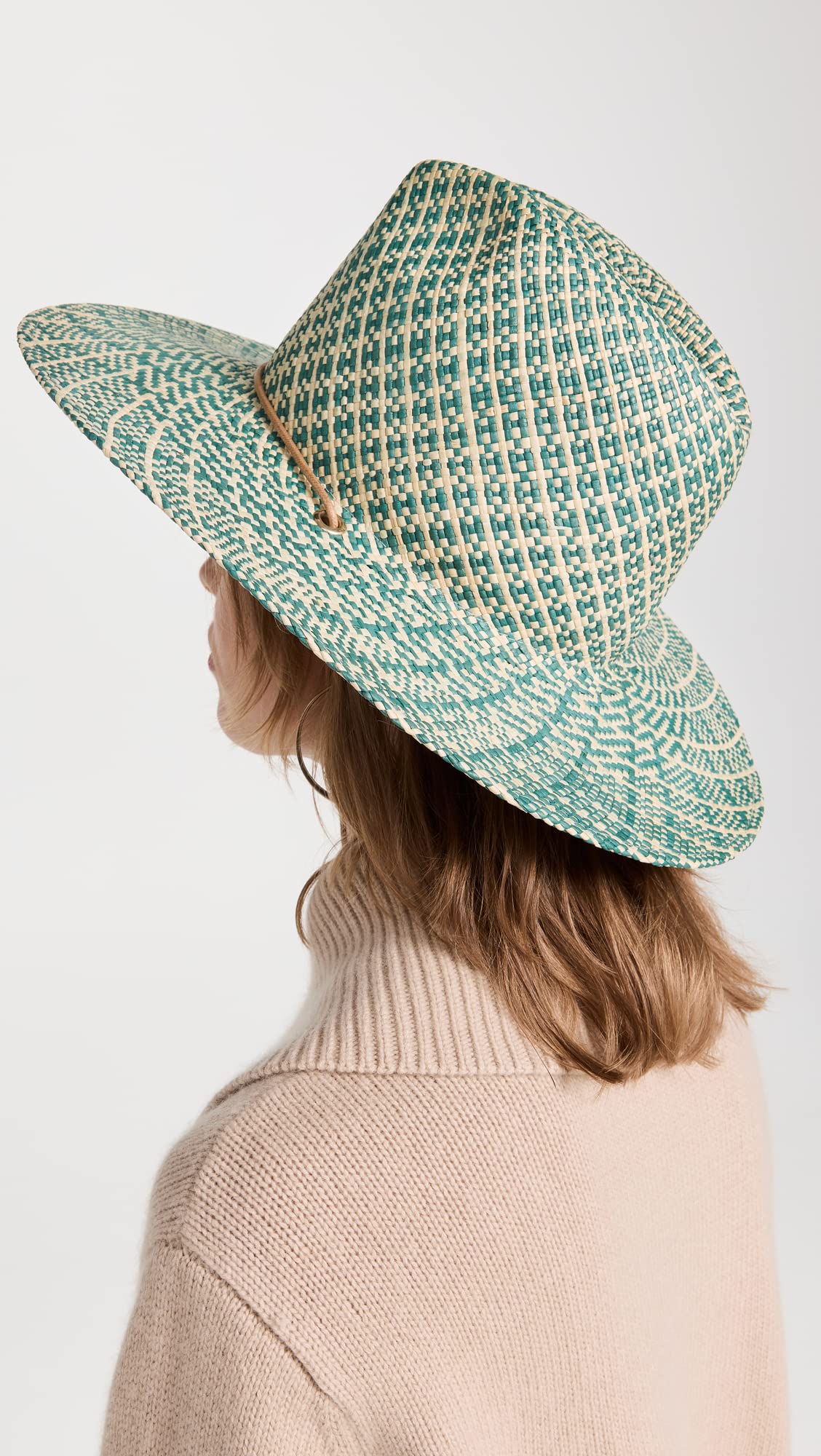 Loeffler Randall Women's Checkered Straw Hat, Natural/Emerald, Green, XS-S